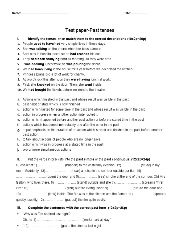 Test Paper Past Tenses | PDF | Linguistic Morphology | Grammar