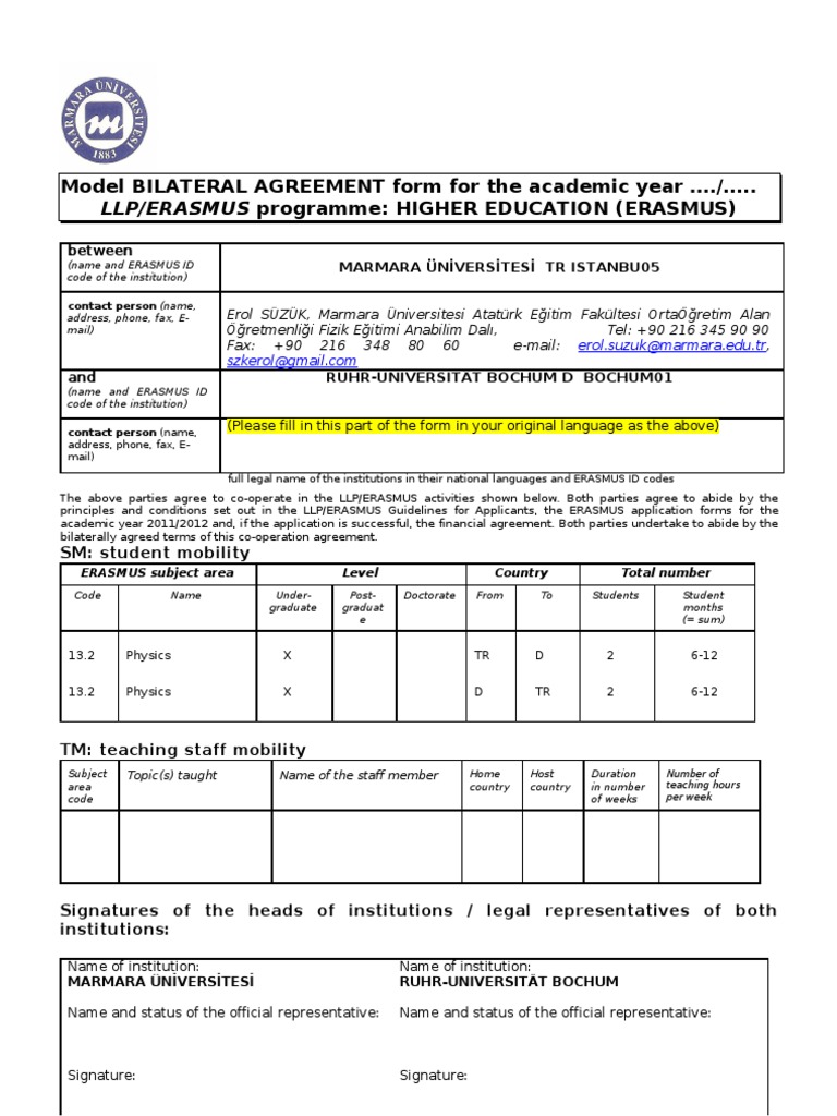 Erasmus Bilateral Agreement Template | PDF | Academia
