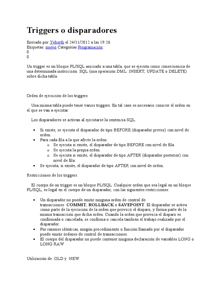 Triggers o Disparadores - Materialyebertm | PDF | SQL | Bases de datos