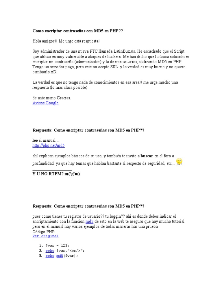 Como Encriptar Contraseñas Con MD5 en PHP | PDF | Php | Contraseña