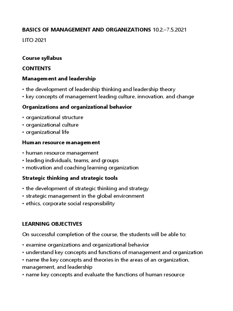 Management and Organization Course Syllabus | PDF | Course Evaluation ...