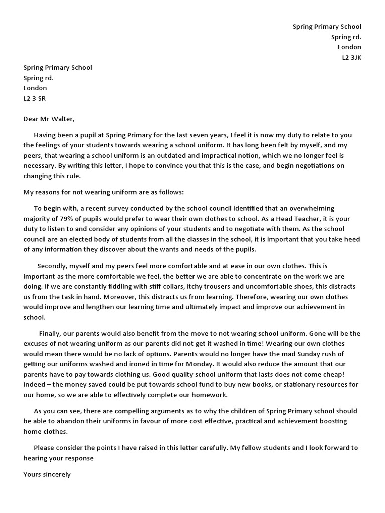 Persuasive Letter Against School Uniforms | PDF | Human Nature | Clothing