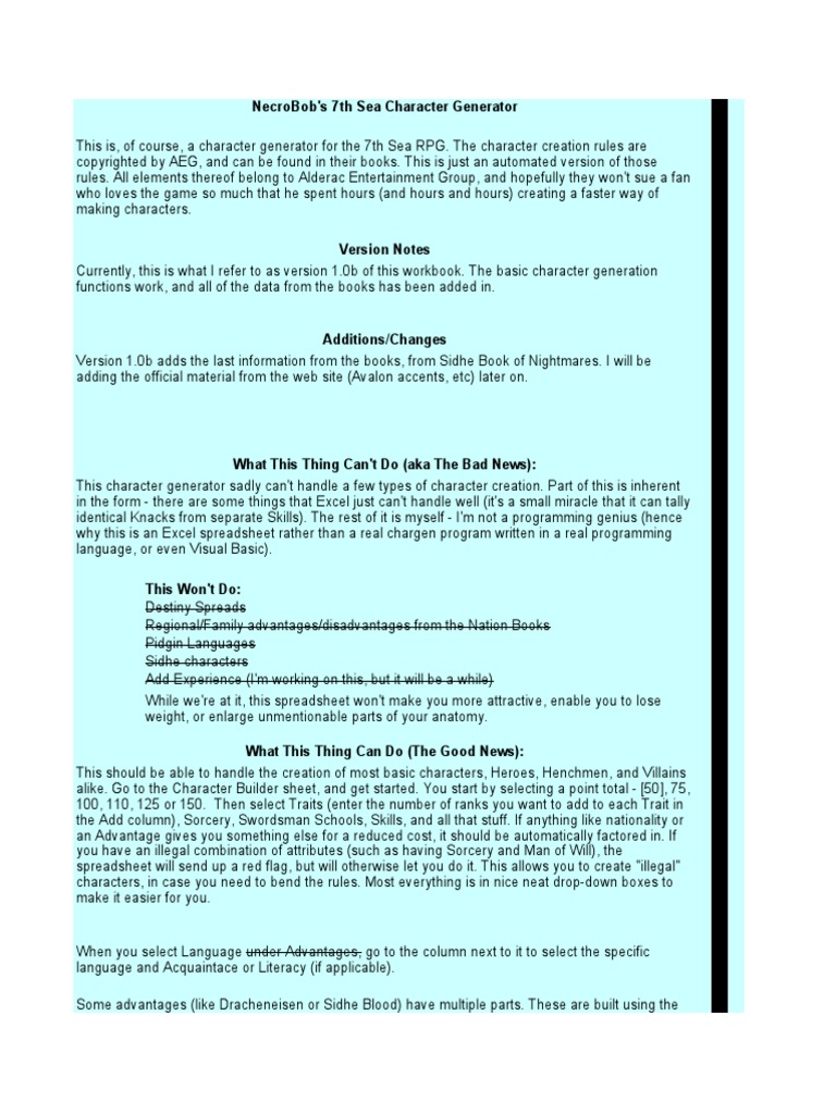 7th Sea Character Generator | Download Free PDF | Microsoft Excel ...