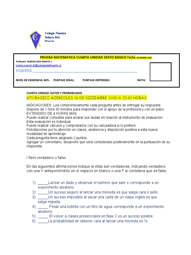 Prueba Matemáticas: Datos y Probabilidad 6° | PDF | Probabilidad