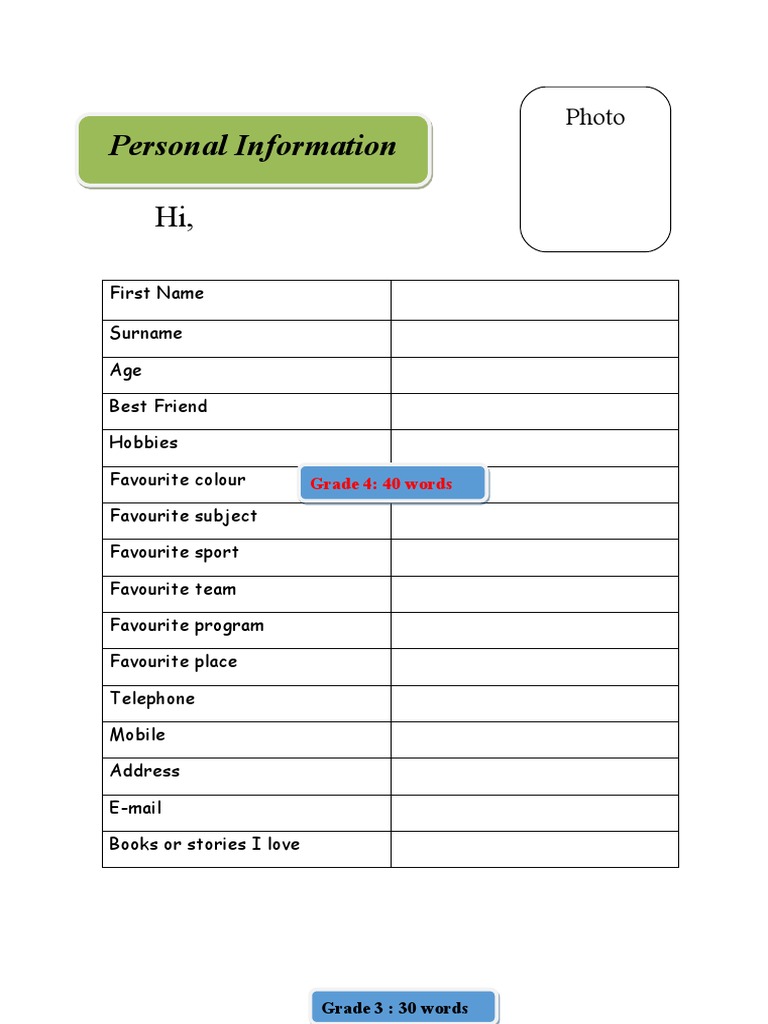 (Template) Personal Information Worksheet Templates Layouts 98930 | PDF