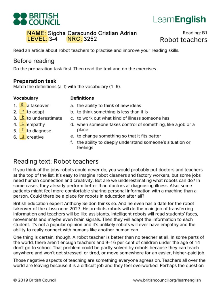 LearnEnglish Reading B1 Robot Teachers SIGCHA ADRIAN | PDF | Robot ...