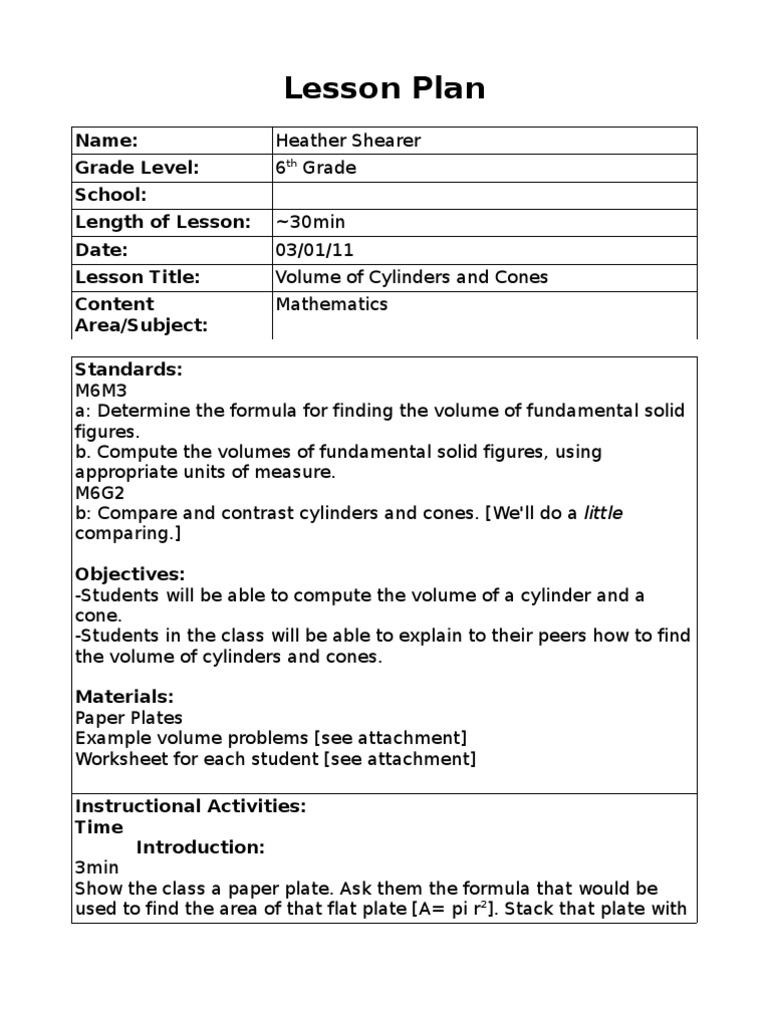 Lesson Plan | PDF | Area | Volume