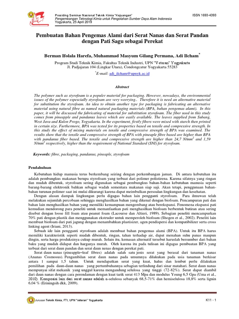 Pembuatan Bahan Pengemas Alami Dari Serat Nanas Dan Serat Pandan Dengan ...