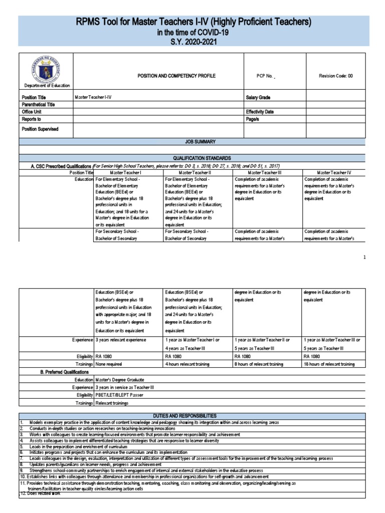(Appendix 2) RPMS Tool For MT I-IV SY 2020-2021 in The Time of COVID-19 ...