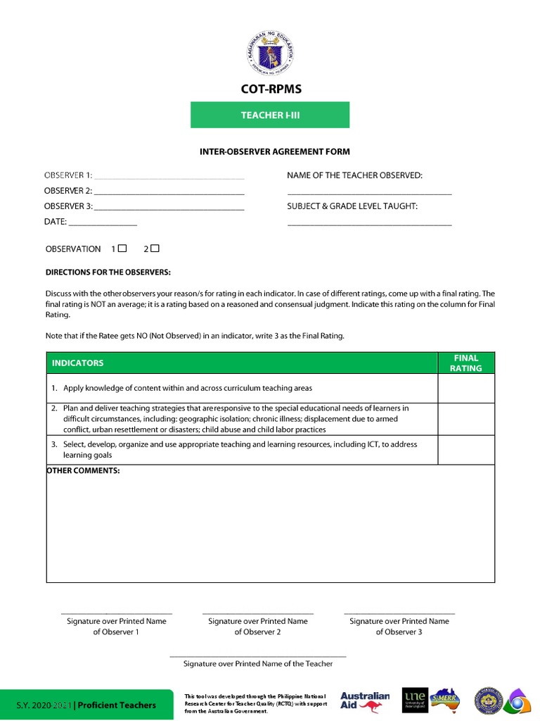 COT-RPMS Inter-Observer Agreement Form For T I-III For SY 2020-2021 in ...