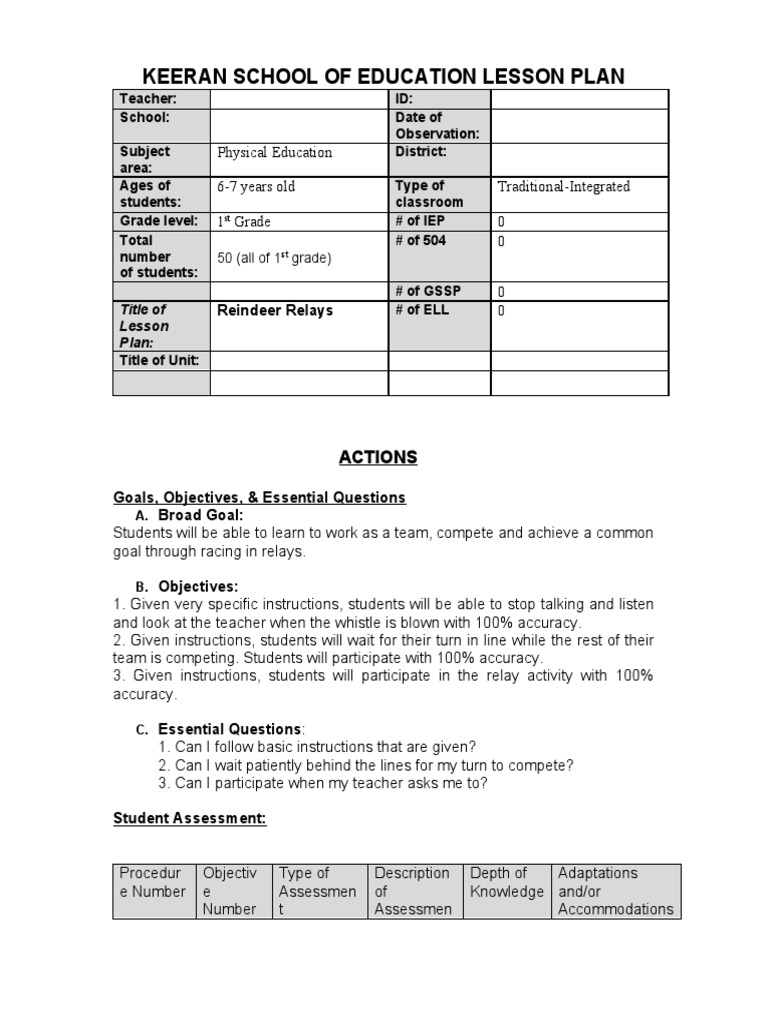 Keeran School of Education Lesson Plan: Reindeer Relays | PDF ...