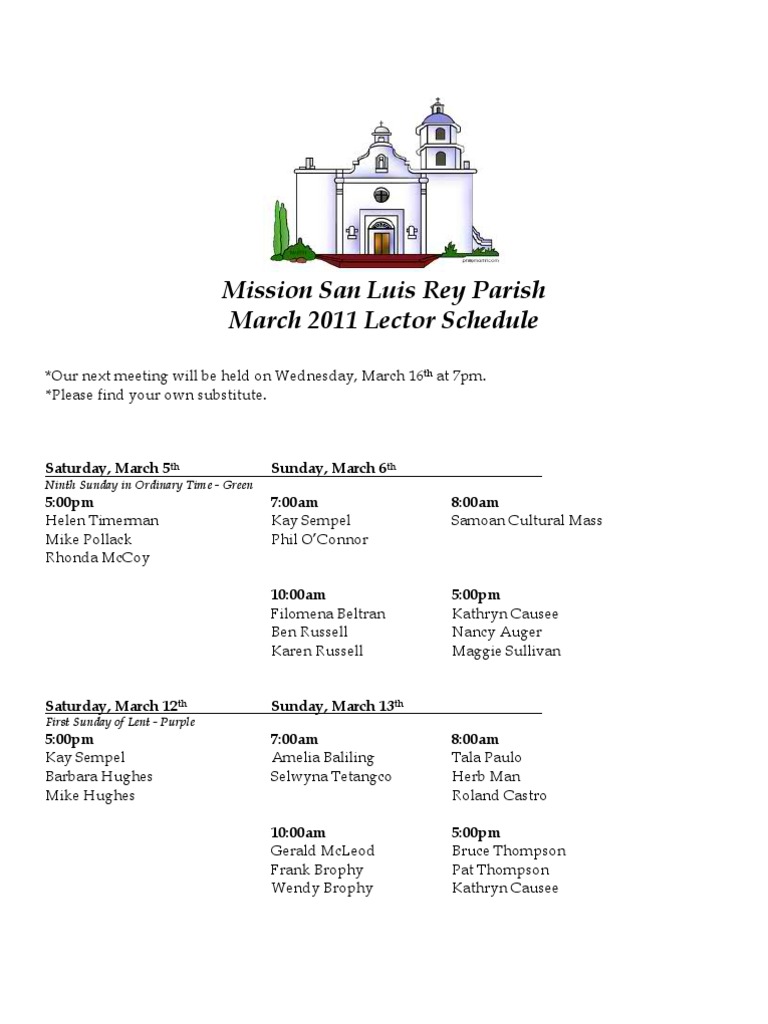 Lectors Ministry Schedule For March 2011 | PDF | Liturgical Calendar ...