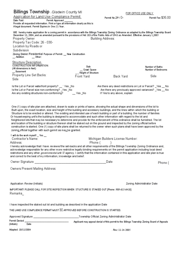 Billings Township Land Use Permit Application | PDF | Land Lot | Zoning