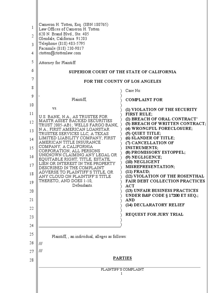 California Wrongful Foreclosure, Promissory Estoppel, Violation of ...