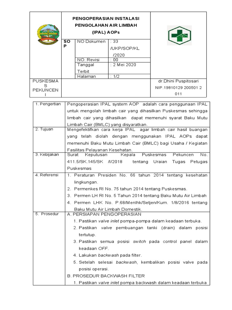 SOP Operasional IPAL AOPs Puskesmas | PDF | Kesehatan Holistik | Sains ...