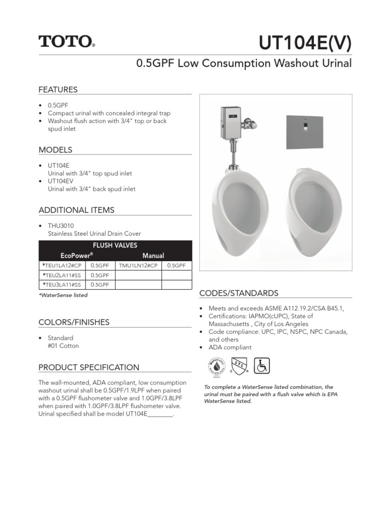 UT104E (V) : 0.5GPF Low Consumption Washout Urinal | PDF | Valve ...