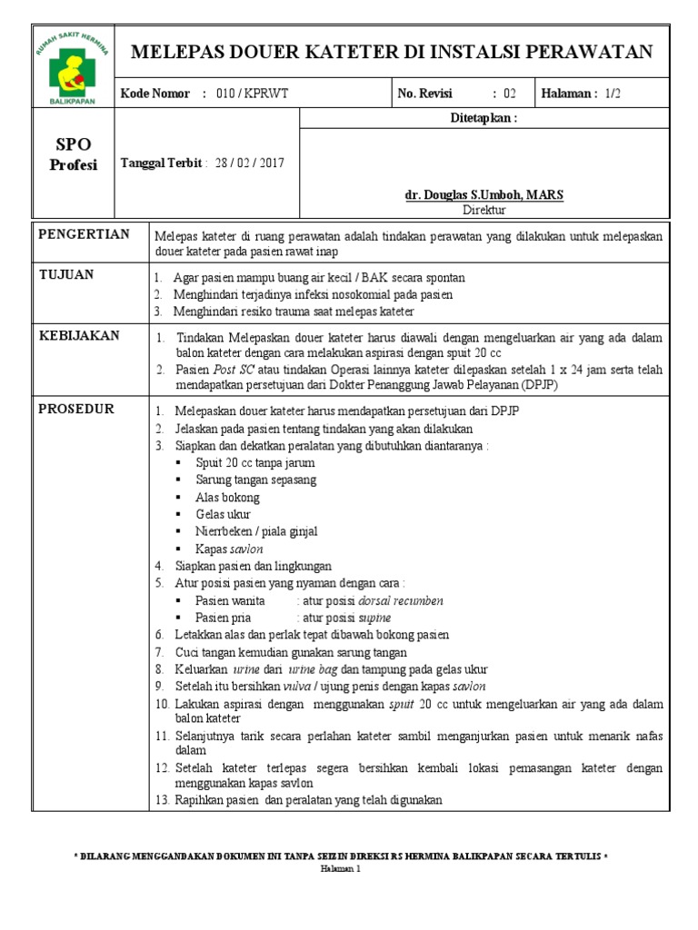 Melepas Dower Kateter Di Instalasi Perawatan (Rev.02,10) | PDF