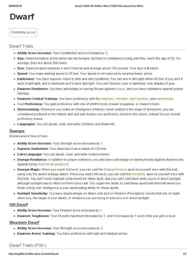 Dwarf - D&D 5th Edition Wiki - FANDOM Powered by Wikia | PDF | Dwarf ...