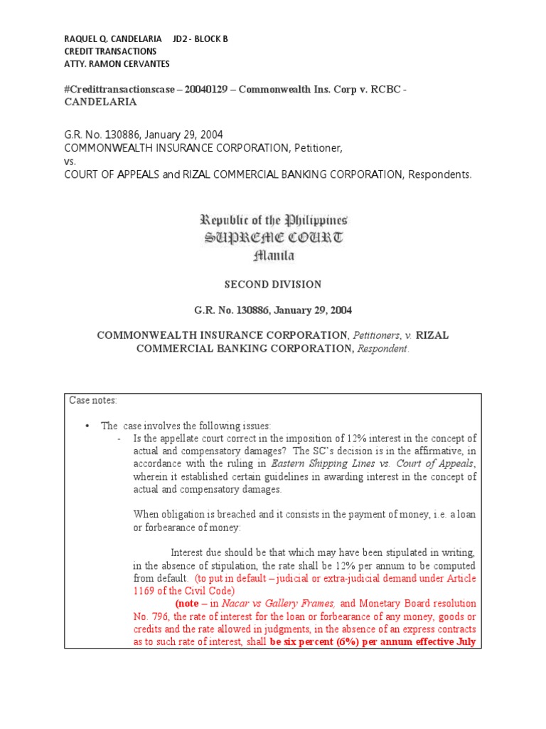 #Credittransactionscase-Commonwealth Vs RCBC-CANDELARIA | PDF | Surety ...
