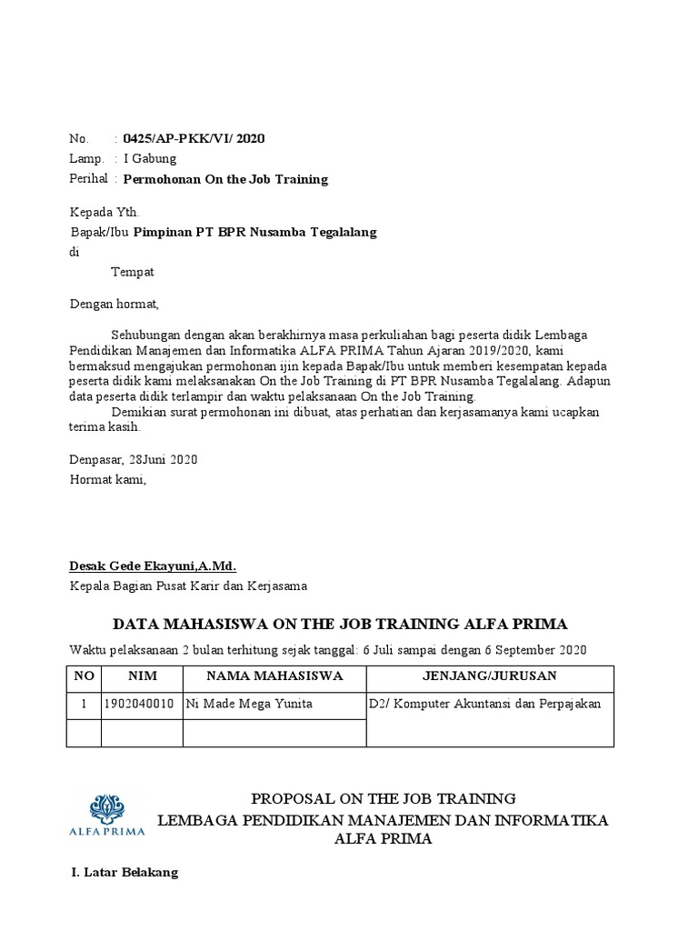 Surat Proposal Ojt | PDF