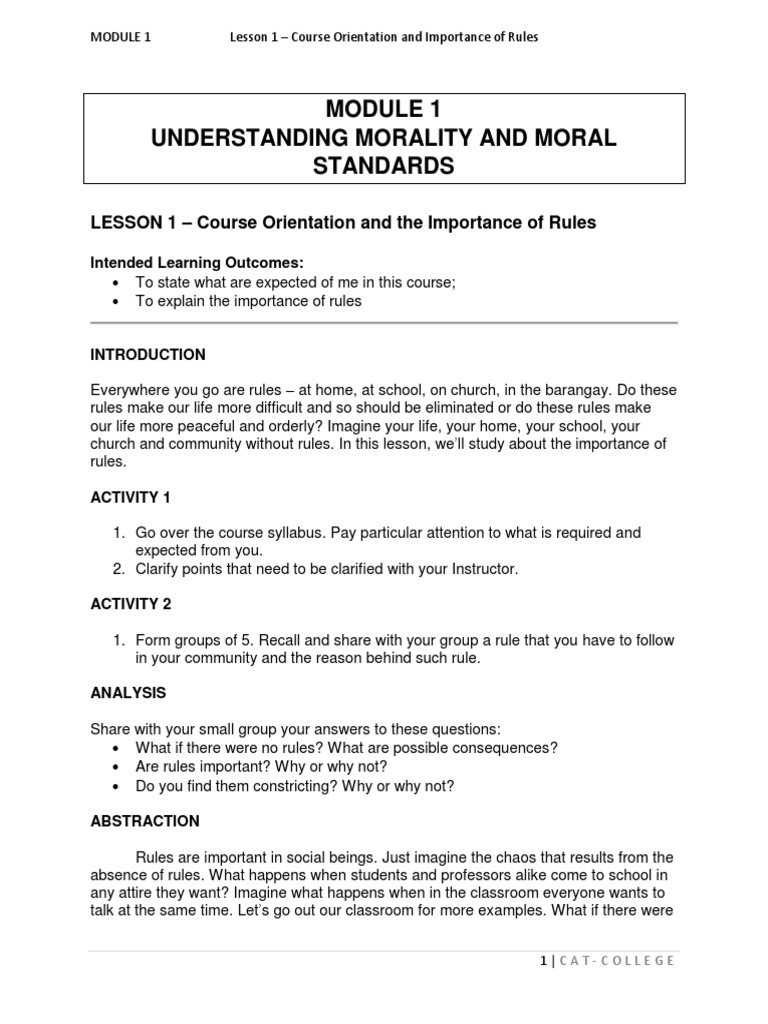 Understanding Morality and Moral Standards: Lesson 1 - Course Orientation and The Importance of ...