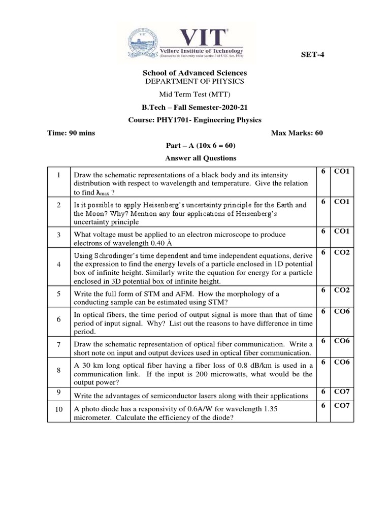 B.Tech - Fall Semester-2020-21 Course: PHY1701-Engineering Physics Time: 90 Mins Max Marks: 60 ...
