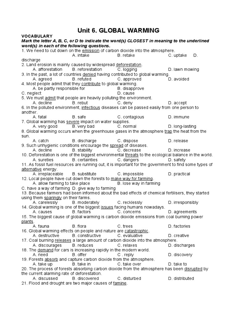 Vocabulary Quiz on Global Warming Concepts | PDF | Climate Change ...