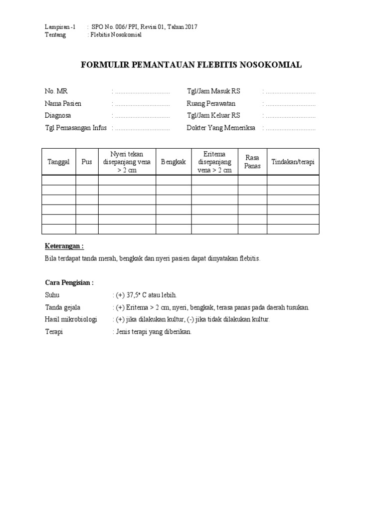 Lampiran. FORMULIR PEMANTAUAN FLEBITIS NOSOKOMIAL | PDF