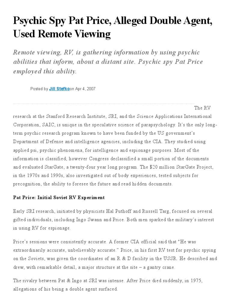 Psychic Spy Pat Price, Alleged Double Agent, Used Remote Viewing ...