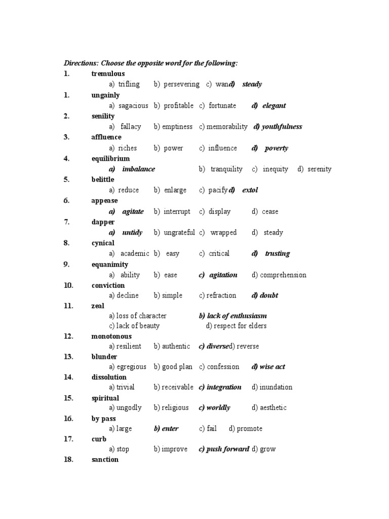 Antonyms Multiple Choice Questions | PDF
