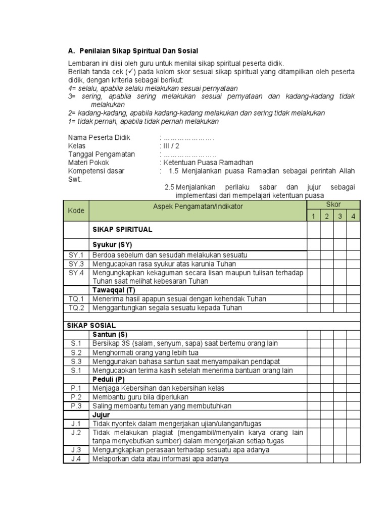 Penilaian Sikap Spiritual Dan Sosial | PDF
