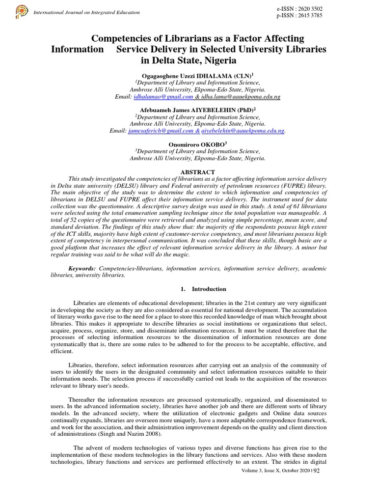 Competencies of Librarians As A Factor Affecting Information, Service Delivery in Selected ...