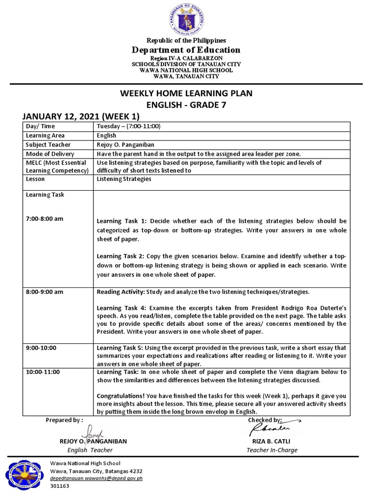 g7 Week 1 Home Learning Plan. | PDF | Cognitive Science | Behavior Modification