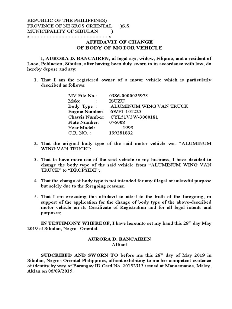 Affidavit of Change of Body of Motor Vehicle: IN TESTIMONY WHEREOF, I ...