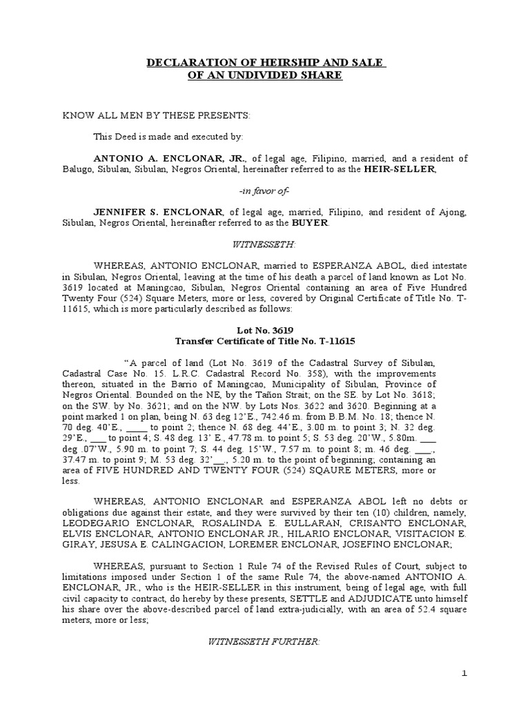 Declaration of Heirship and Sale - Antonio Enclonar | PDF | Private Law ...