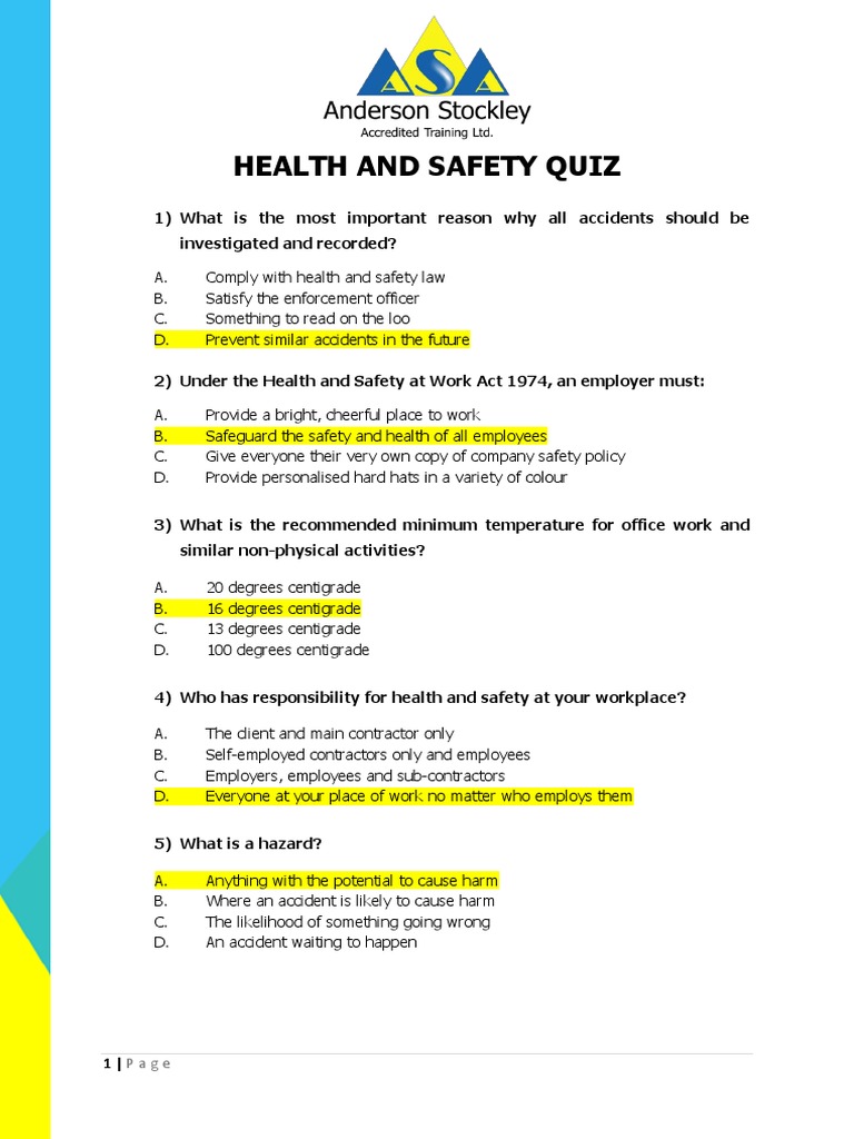 Health and Safety Quiz Answers | PDF | Occupational Safety And Health ...