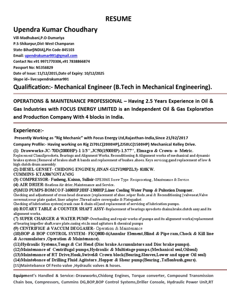 Upendra CV For Rig Mechanic (ME-Engineer) | PDF | Pump | Machines