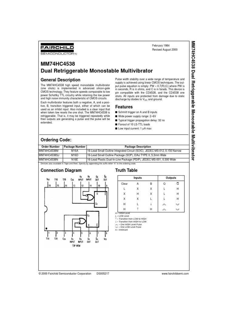 MM74HC4538 Dual Retriggerable Monostable Multivibrator: General Description | PDF | Electronic ...