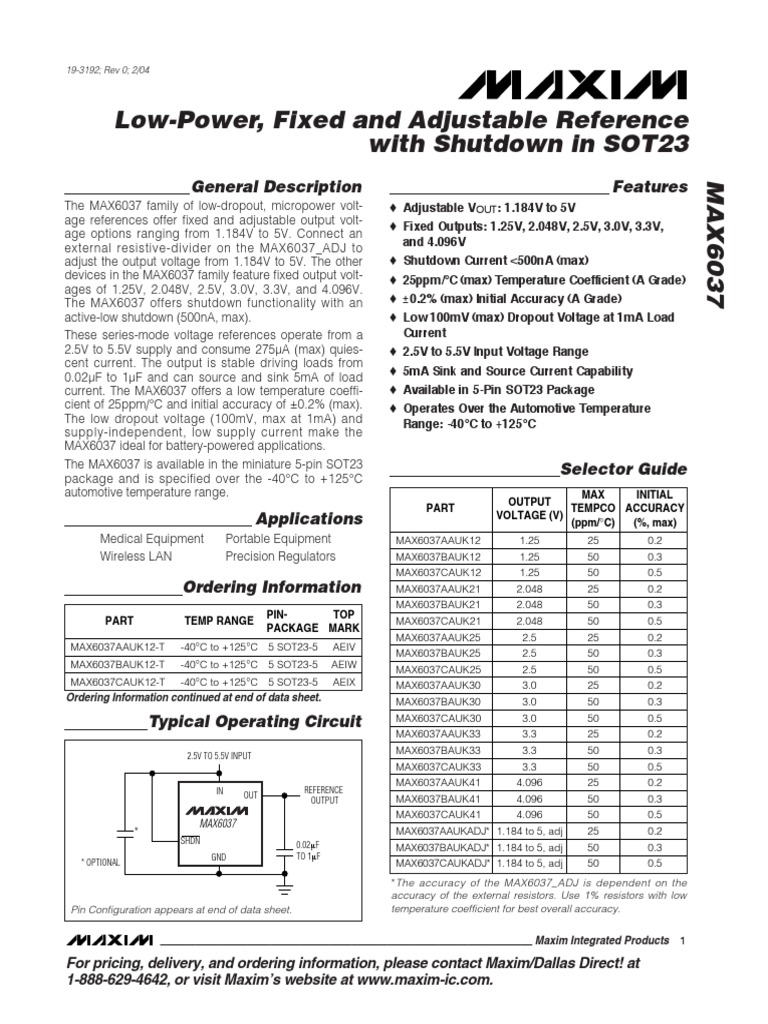 Low-Power, Fixed and Adjustable Voltage References with Shutdown Functionality in SOT23 Package ...