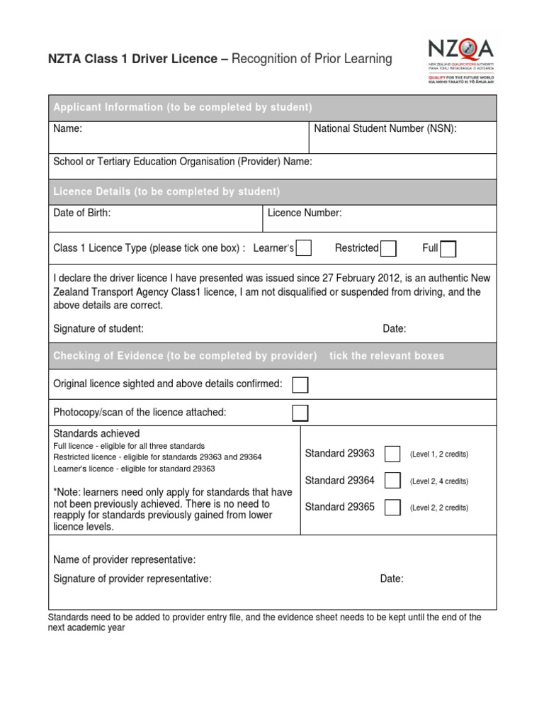 NZTA Class 1 Driving Licence Recognition of Prior Learning | PDF ...