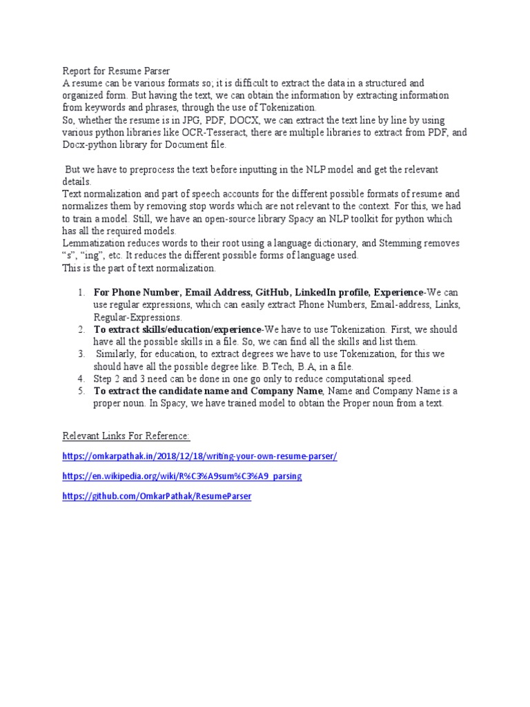 Report For Resume Parser | PDF