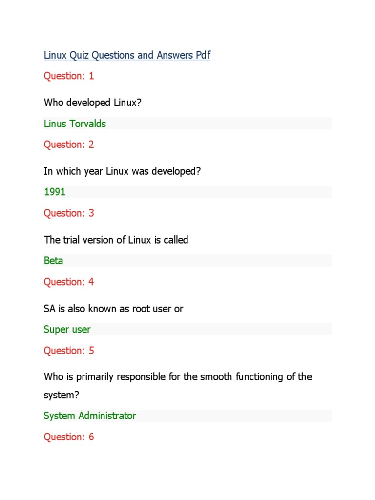 Linux Quiz Questions and Answers PDF | PDF | Computers