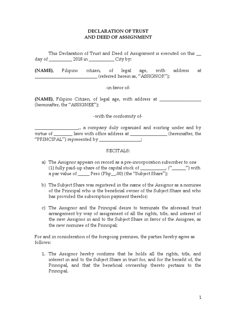 Declaration of Trust | PDF | Assignment (Law) | Law And Economics