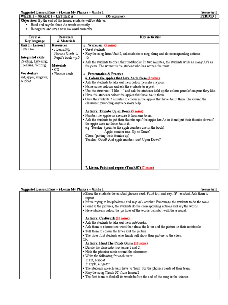 ILMP Grade 1 Unit 1 Lesson 3 Period 3 | PDF | Phonics | Lesson Plan