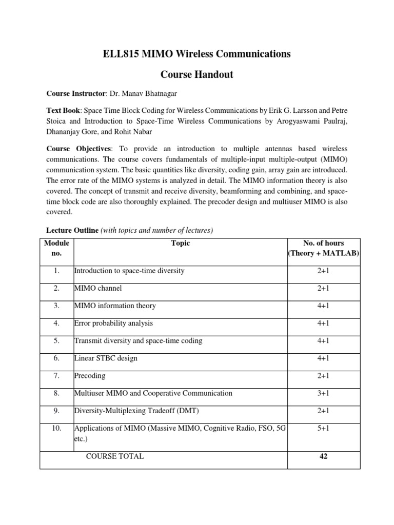 ELL815 MIMO Wireless Communications Course Handout | PDF | Mimo | Telecommunications