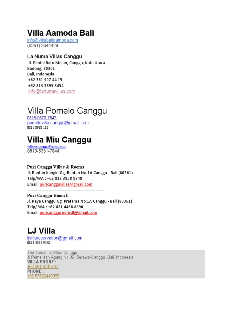 Data Vila Canggu | PDF