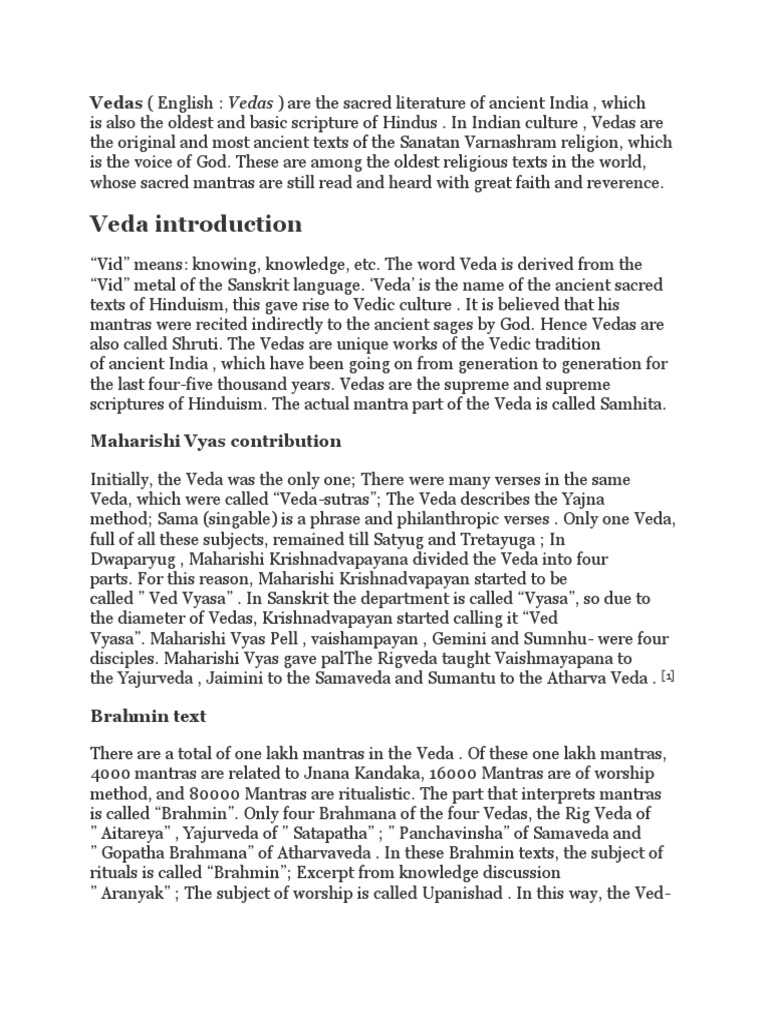 Veda Introduction: Vedas (English: Vedas) Are The Sacred Literature of ...