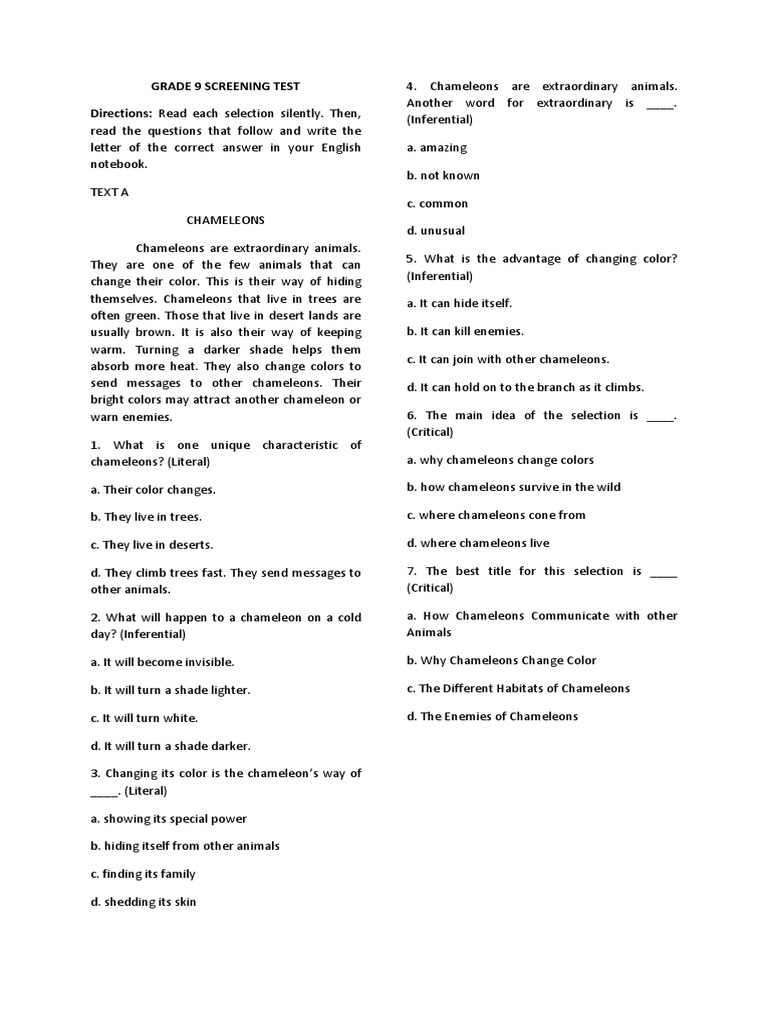 Grade 9 Screening Test Directions: Read Each Selection Silently. Then ...