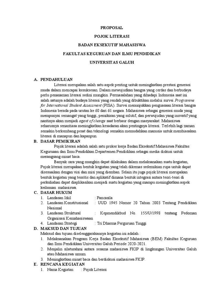 Proposal Pojok Literasi Bem Fkip | PDF | Karier & Perkembangan | Perjalanan