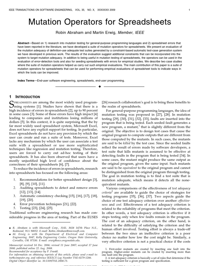 Mutation Operators For Spreadsheets: Robin Abraham and Martin Erwig, Member, IEEE | PDF ...